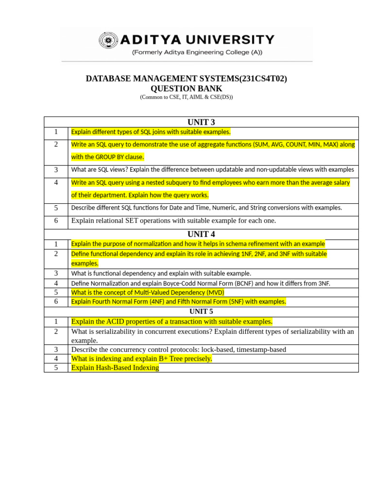 DBMS_Question Bank _Unit 3 4 5 | PDF