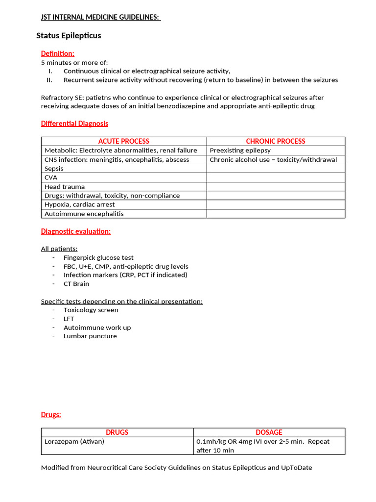 Status Epilepticus Management Guidelines | PDF