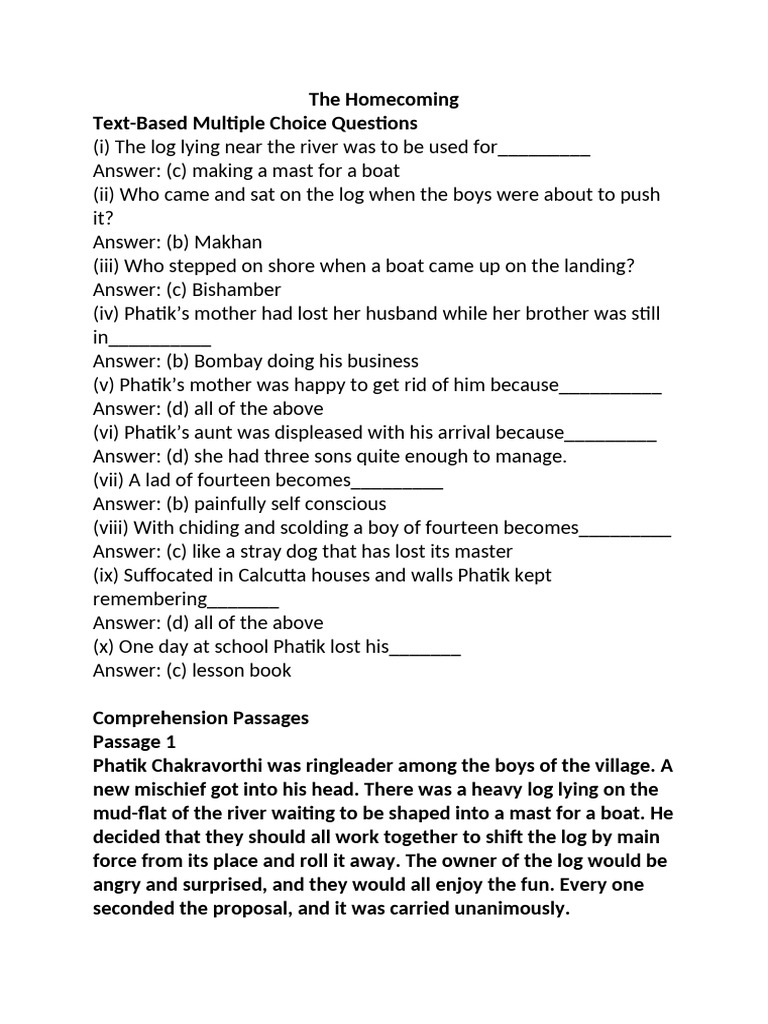 The Homecoming Questions and Answers Class 9 Annual | PDF