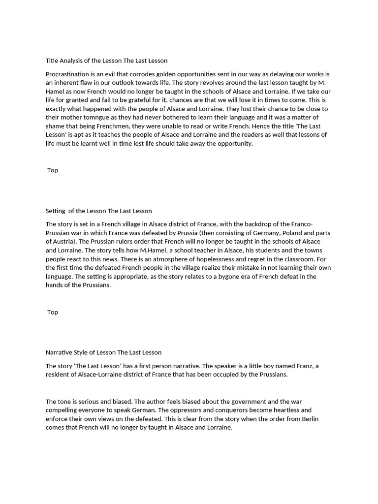 Title Analysis of The Lesson The Last Lesson | PDF