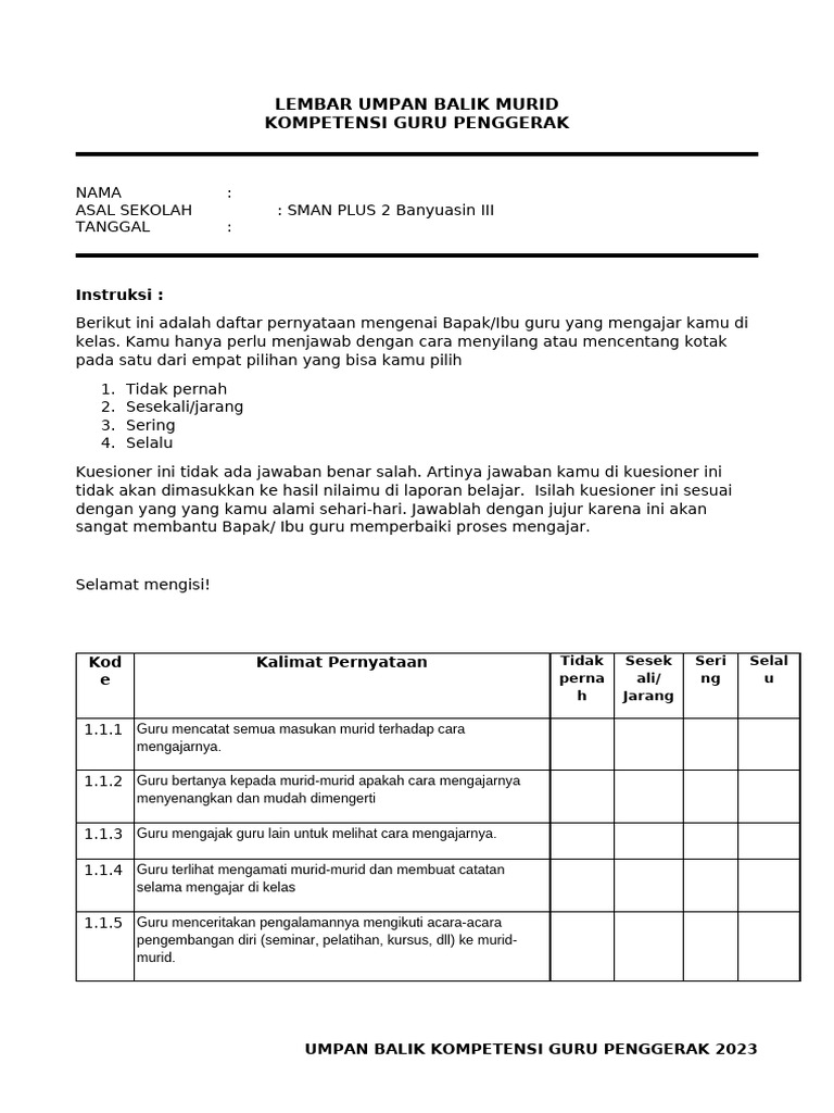 Lembar Kuisioner Murid SMP - SMA_A5 FINAL 150522 | PDF