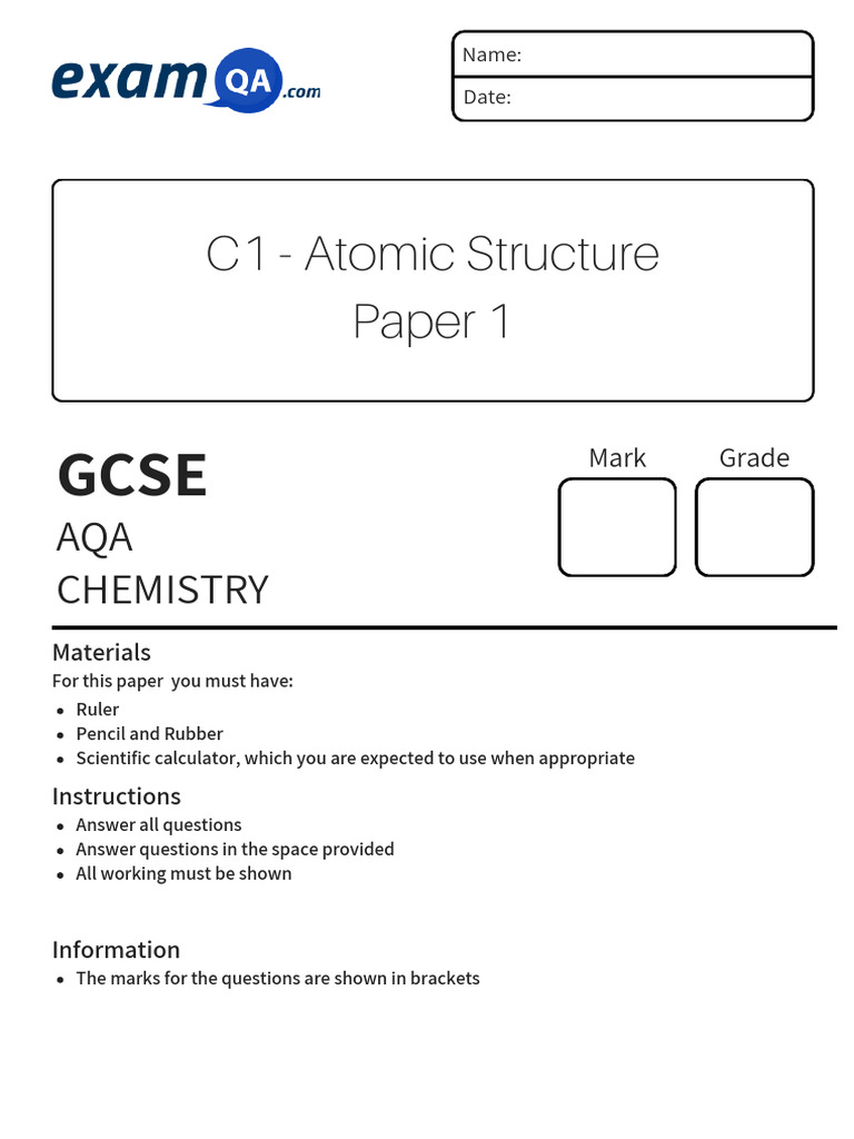 AQA GCSE Chemistry Topic 1 Atomic Structure 1 QP | PDF | Periodic Table ...