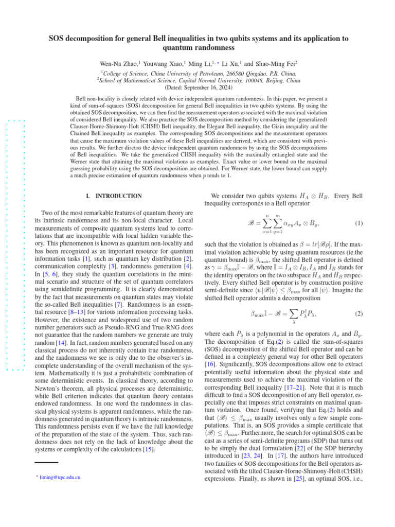 SOS Decomposition For General Bell Inequalities in Two Qubits Systems and Its Application To Qu ...