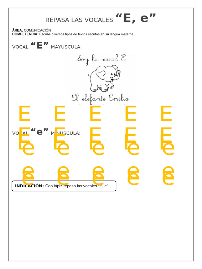 Tarea Cuaderno La Vocal E 2 | PDF