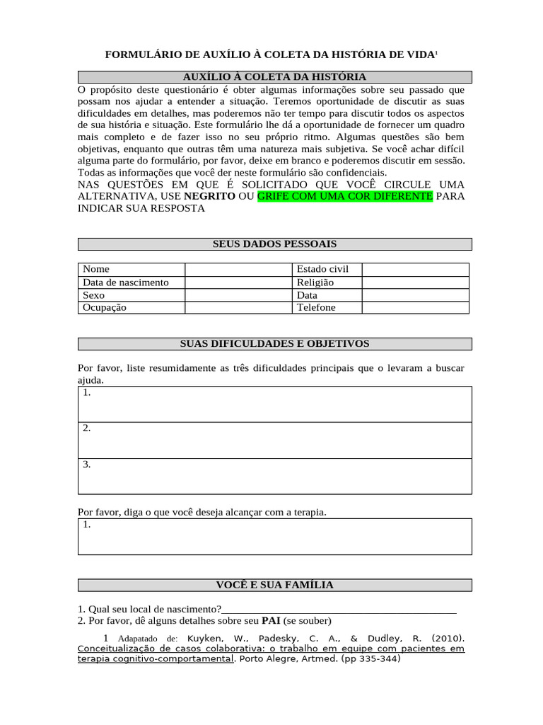Formulário de Coleta da História de Vida | PDF | Família | Psiquiatria