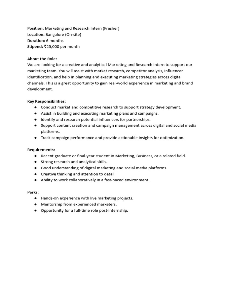 Marketing Research Intern - Bangalore | PDF