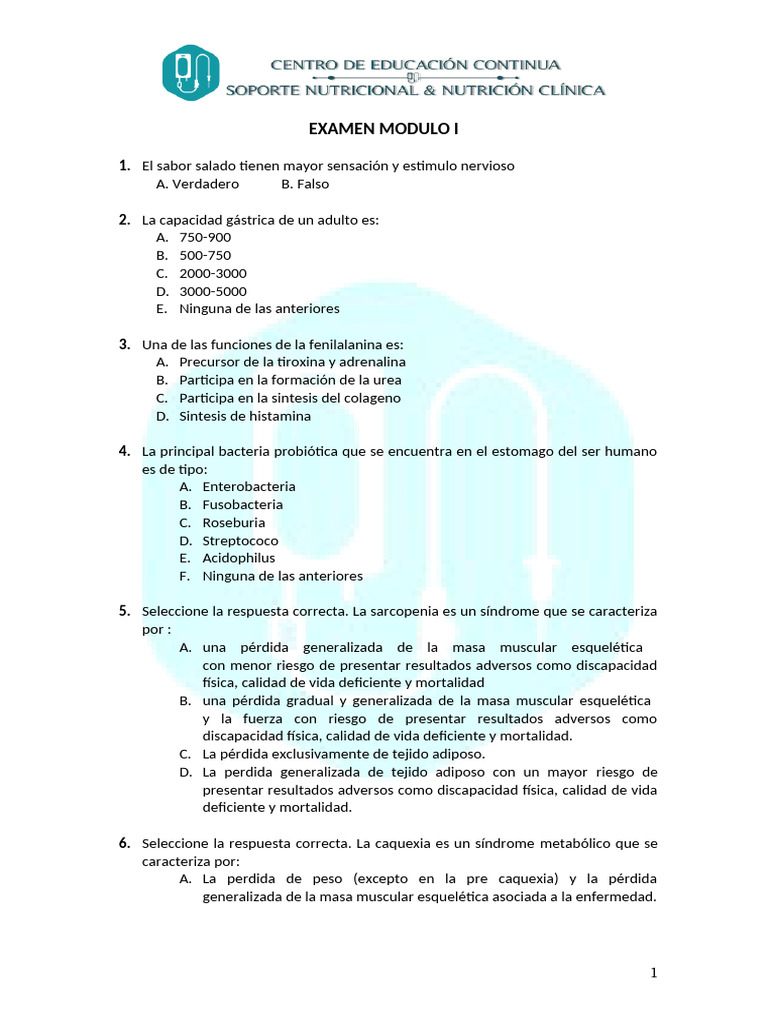 Examen Modulo 1 Sin Resolver | PDF | Tejido adiposo | Metabolismo