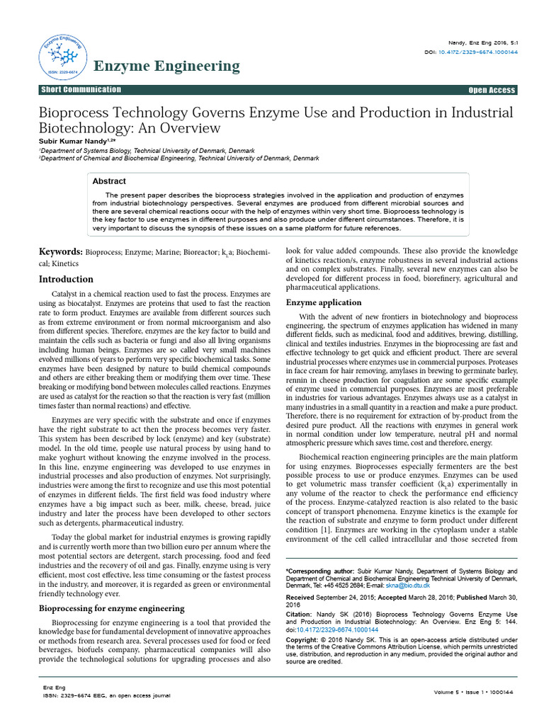 Bioprocess Technology Governs Enzyme Use and Production in Industrial ...