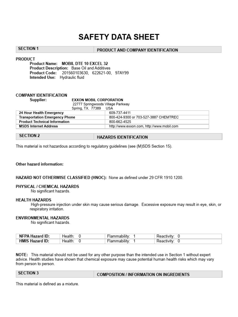 MSDS MOBIL-DTE-10-EXCEL-32-sds | PDF | Safety | Occupational Safety And ...
