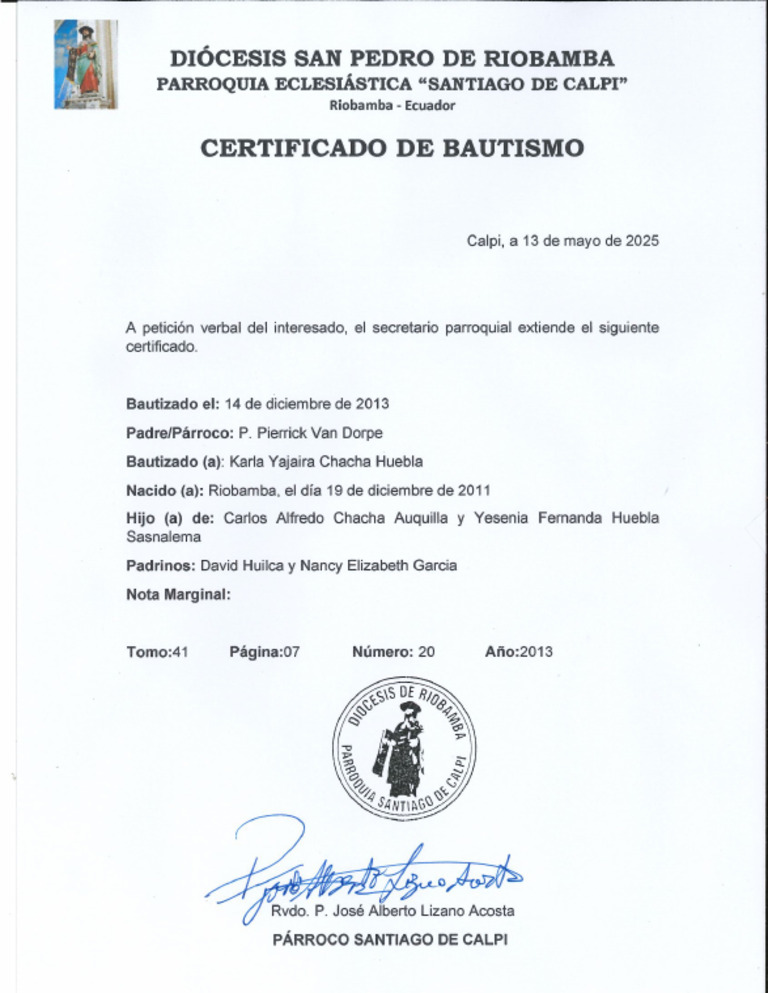 Fe de Bautismo Karla Chacha | PDF