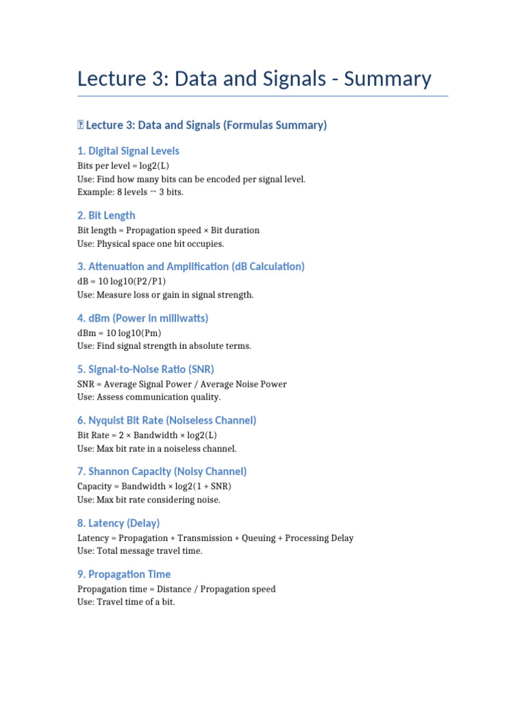 Lecture3 Data and Signals Summary | PDF | Signal To Noise Ratio | Bandwidth (Signal Processing)