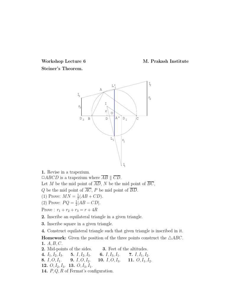 Workshop Lecture 6 M. Prakash Institute Steiner's Theorem.: Abcd AB CD ...