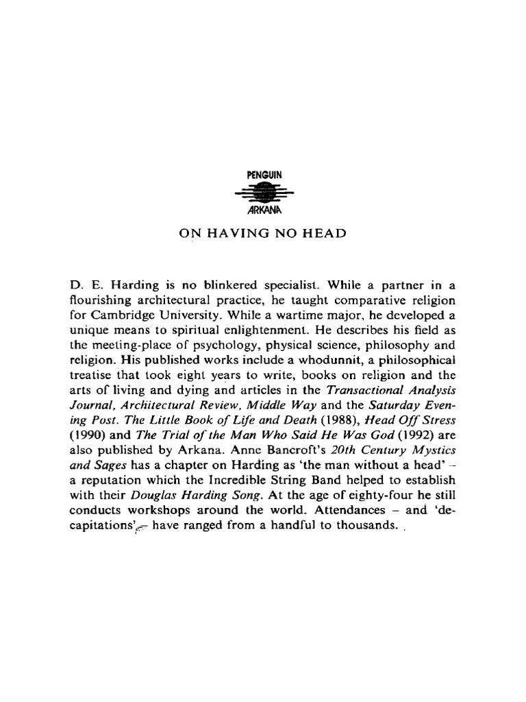 On Having No Head Zen and The Rediscovery of The Obvious (Hadring D. E ...