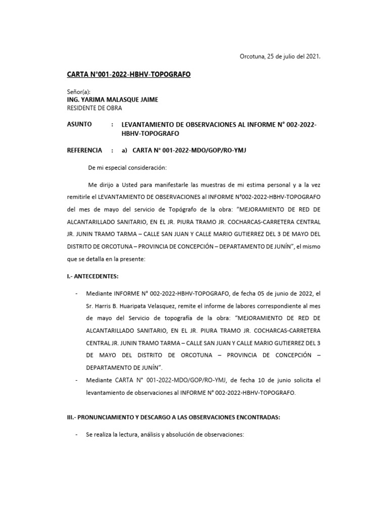 Carta Obs Orcotuna | PDF