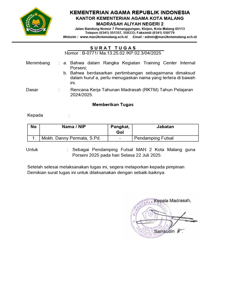 Surat Tugas Porseni DANNY PERMATA | PDF