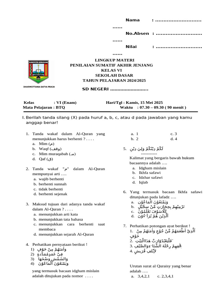 Psaj BTQ Kelas 6 2024 2025 Oke Share | PDF