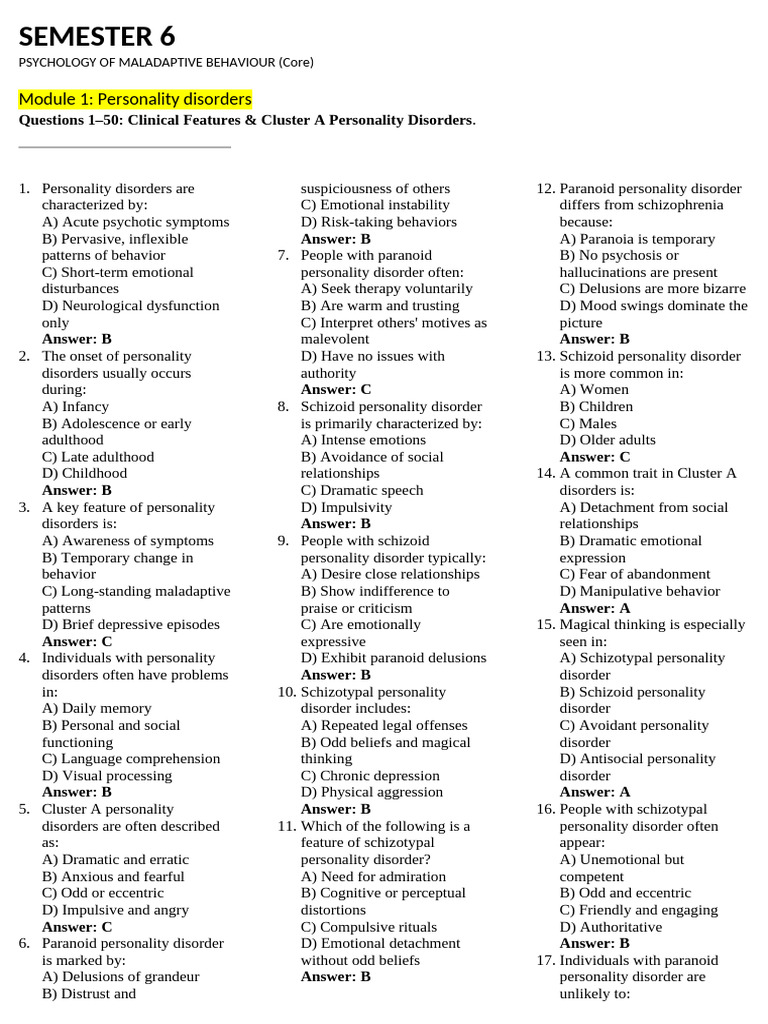 Semester 6 Cat | PDF | Personality Disorder | Borderline Personality ...