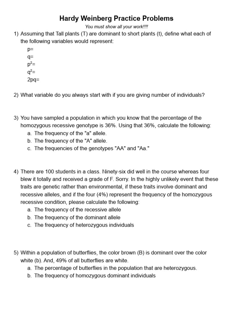 Hardy Weinberg Practice Problems Honors | PDF | Zygosity | Dominance ...