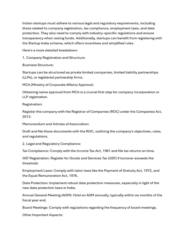 Legal Requirements for Indian Startups | PDF
