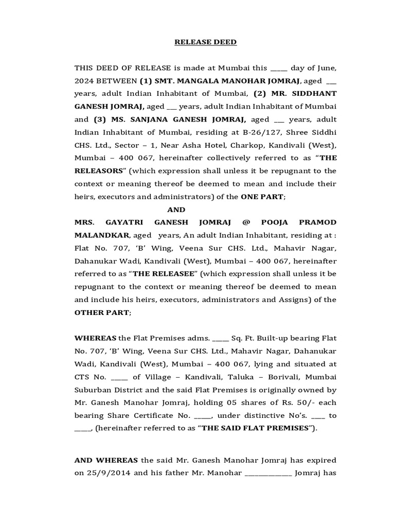 Family Property Release Deed Mumbai | PDF | Justice | Crime & Violence