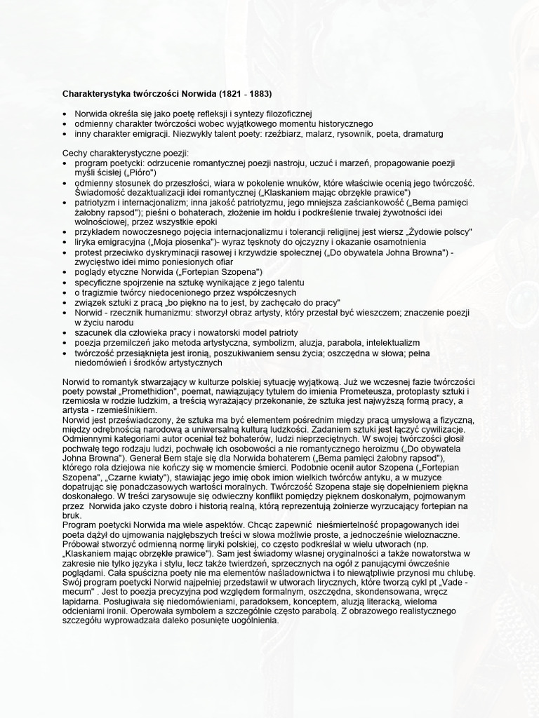 Charakterystyka Twórczości Norwida 1821 - 1883 | PDF