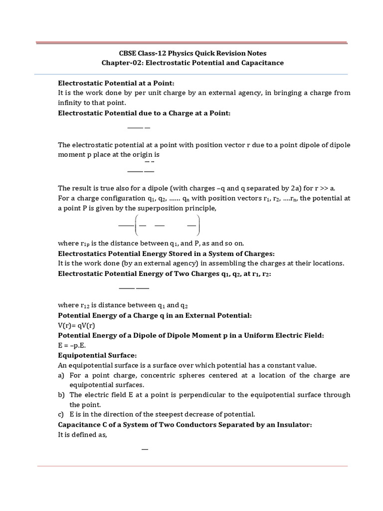 CBSE Class 12 Physics: Electrostatics Notes | PDF | Capacitance | Capacitor