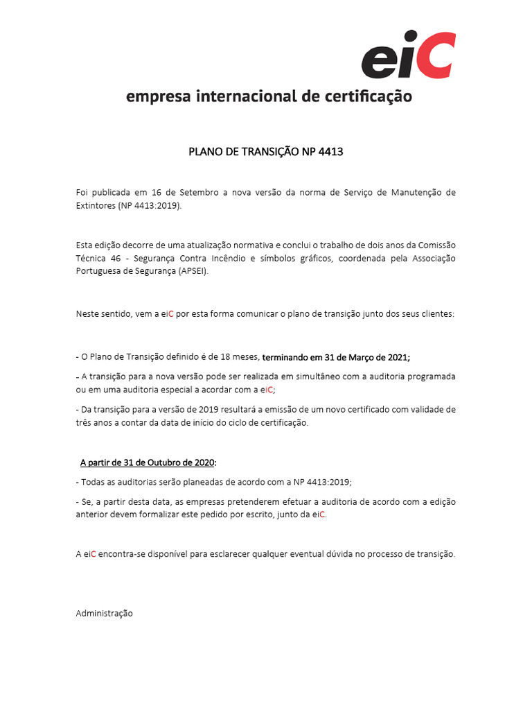 Plano de Transição NP 4413 | PDF