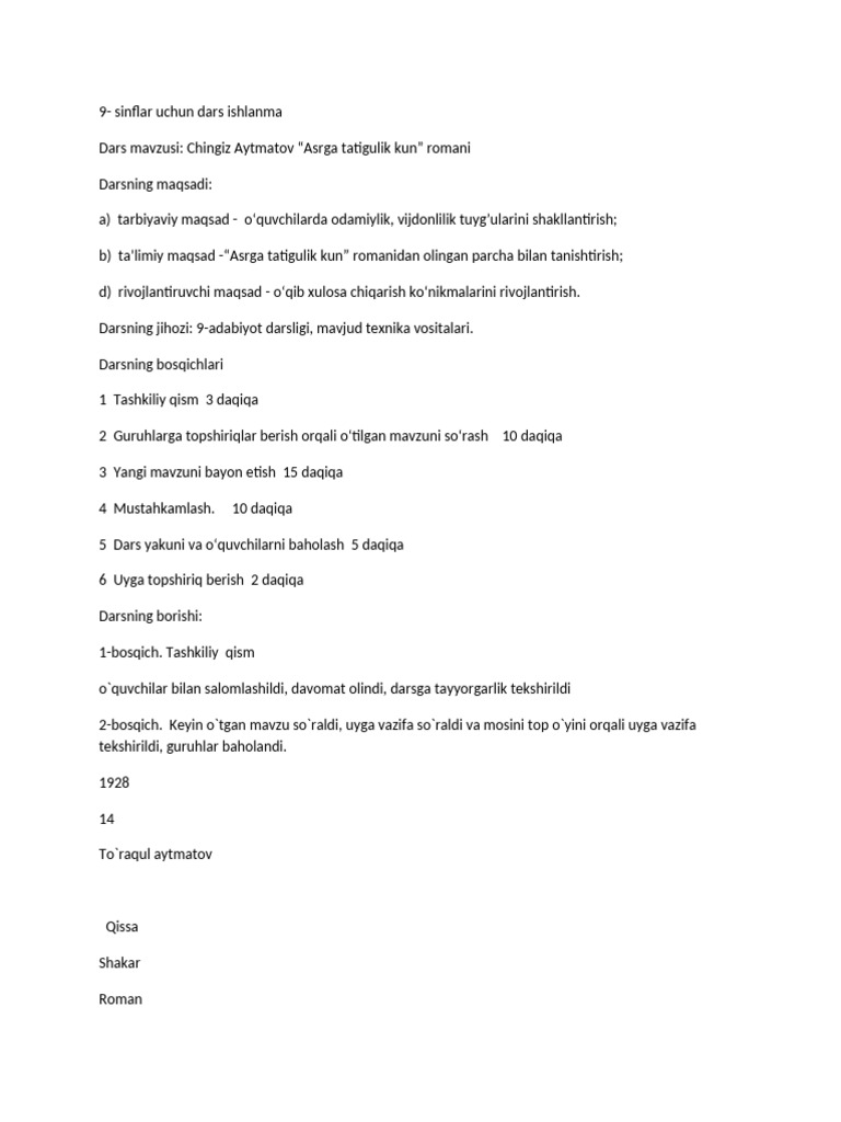 9 - Sinflar Dars Ishlanma | PDF