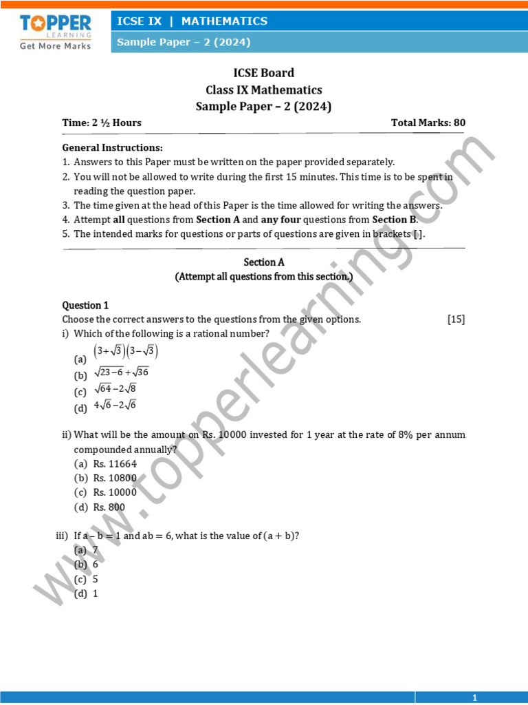ICSE IX Mathematics Sample Paper 2024 | PDF | Triangle | Circle