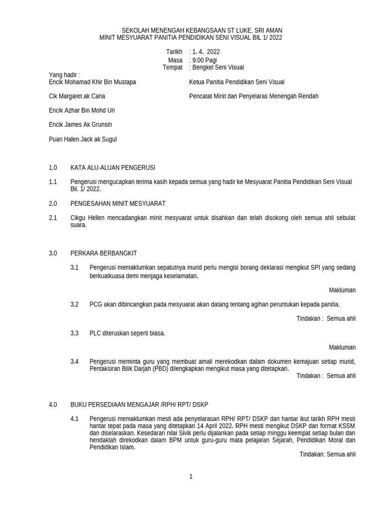 Mesy.Panitia PSV bil 1 - 2022 | PDF