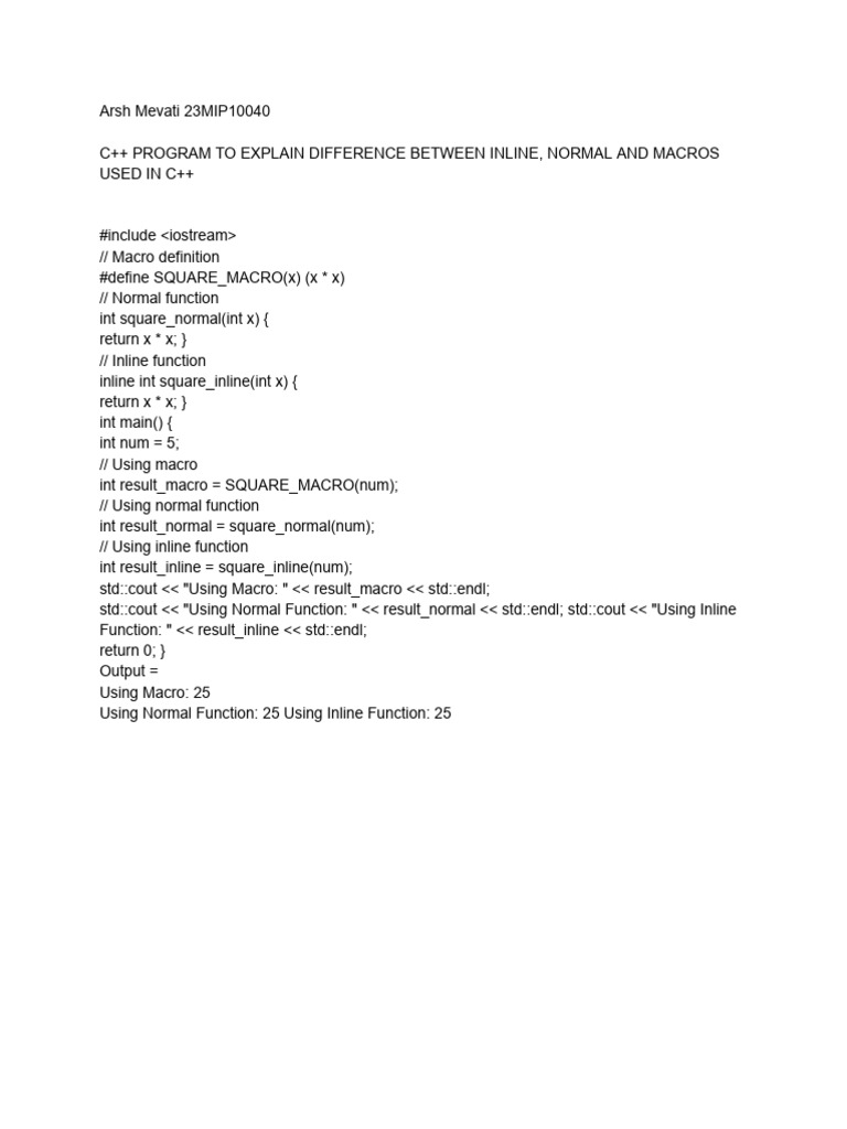 C Program To Explain Difference Between Inline Normal And Macros Used In C Pdf
