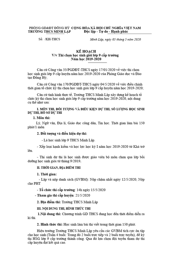 KH Thi HSG L9 Cấp Trường | PDF