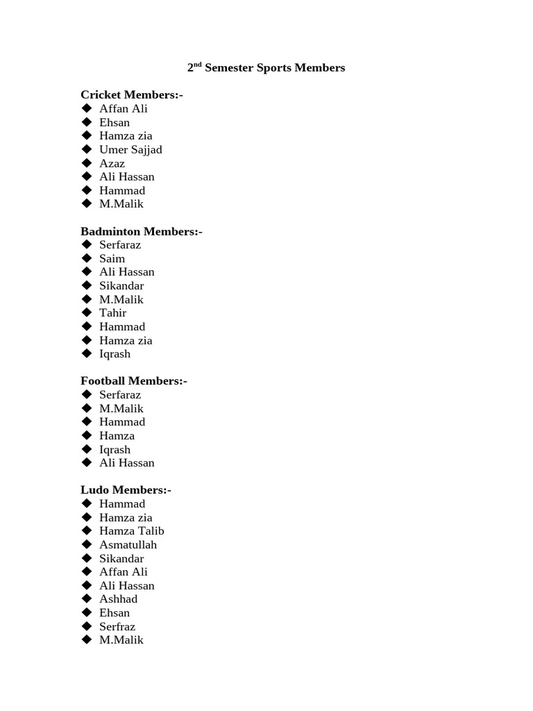 2nd Semester Sports Members-1 | PDF