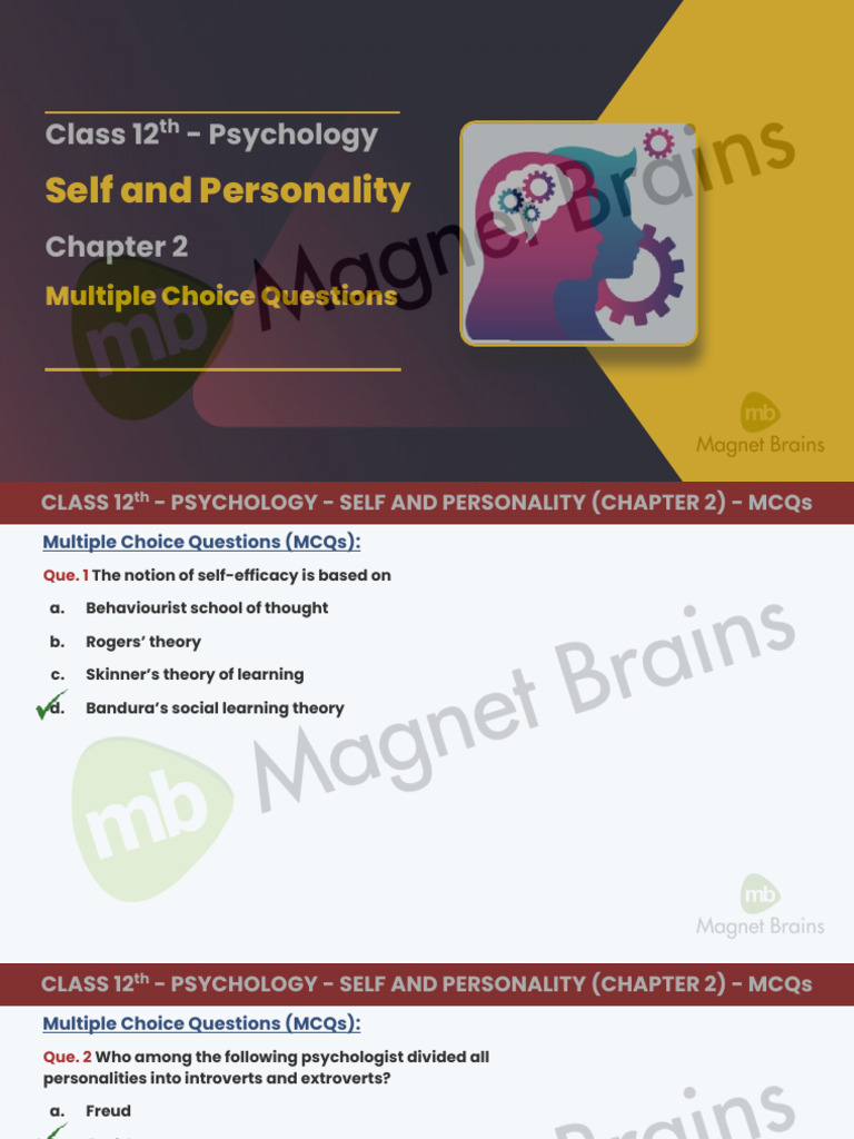 Class 12 Psychology: Self & Personality MCQs | PDF | Psychology ...