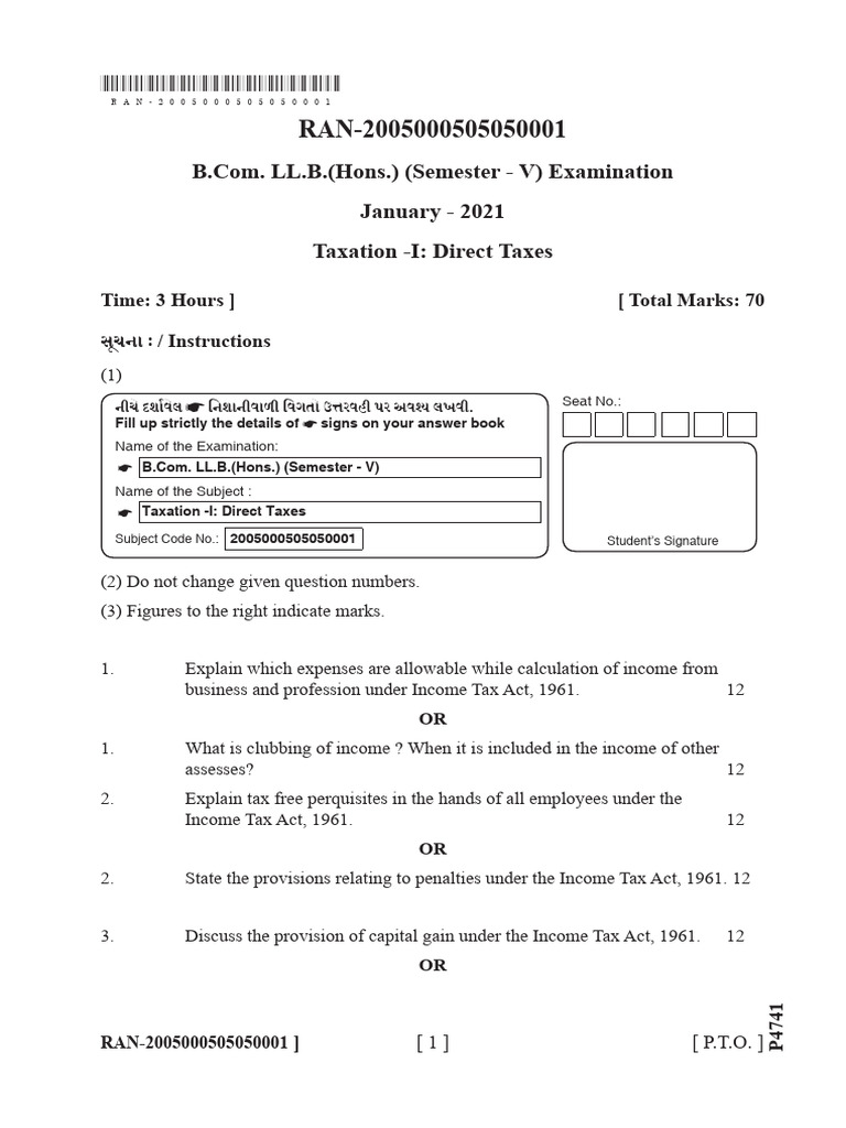 ., LL.B. (Hons.) (Sem. V) Examination January - 2021 Taxation - I ...