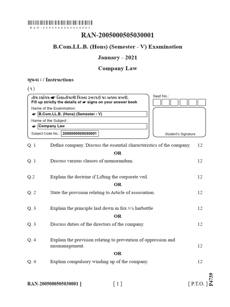 ., LL.B. (Hons.) (Sem. V) Examination January - 2021 Company Law | PDF ...
