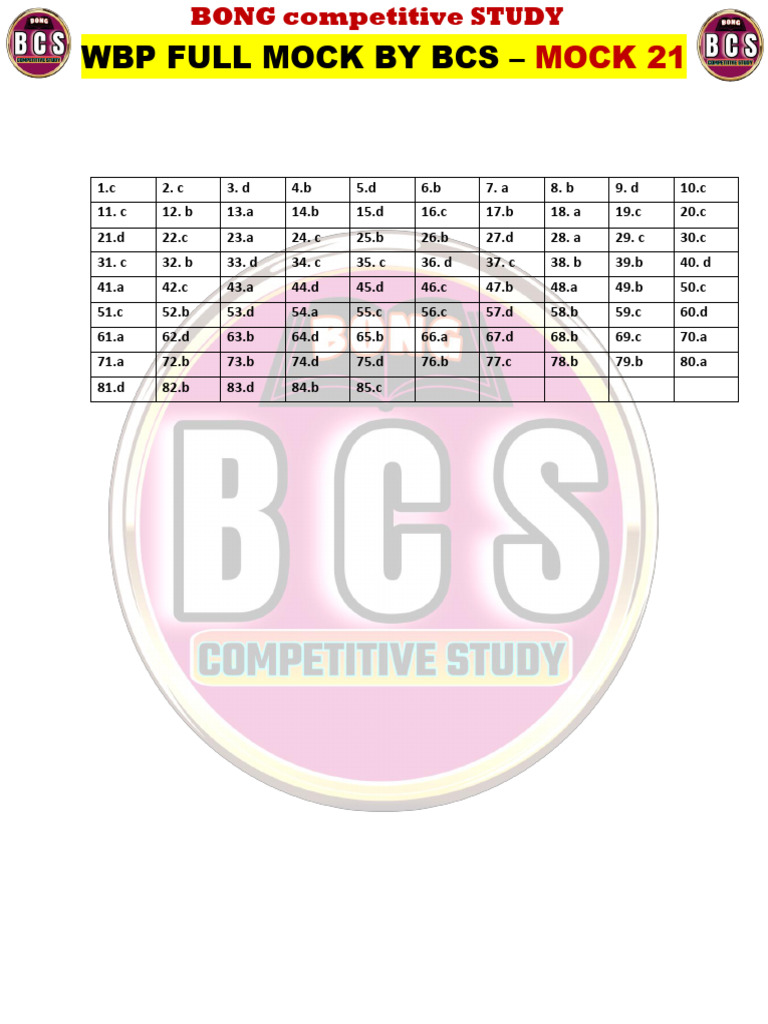 BONG Competitive Study Mock Exam Answers | PDF