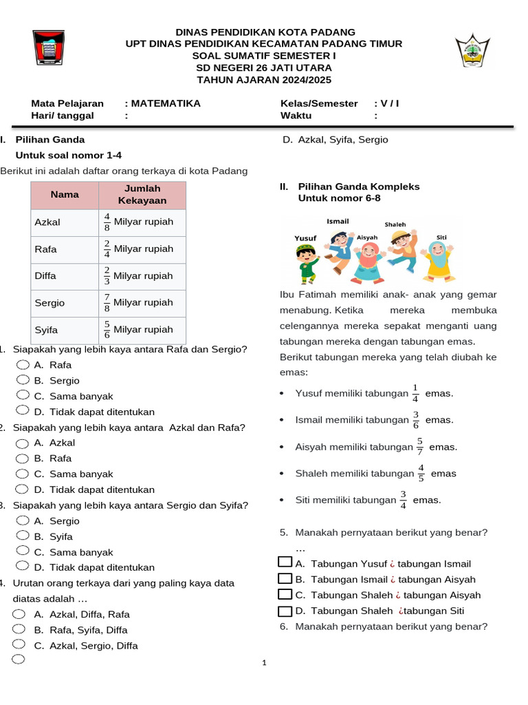 Soal Sumatif Semester 1 Matematika 2024-2025 | PDF