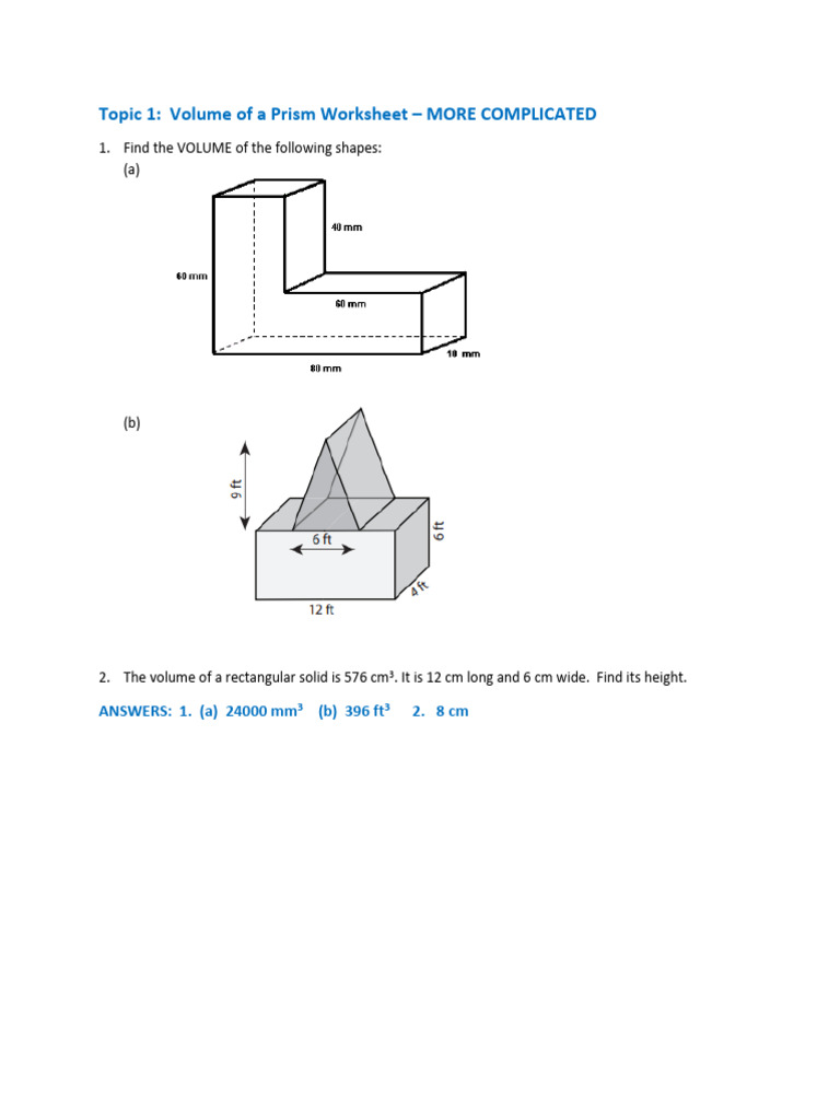 WORKSHEET - Topic 1 - Volume of Prisms - More Complicated | PDF