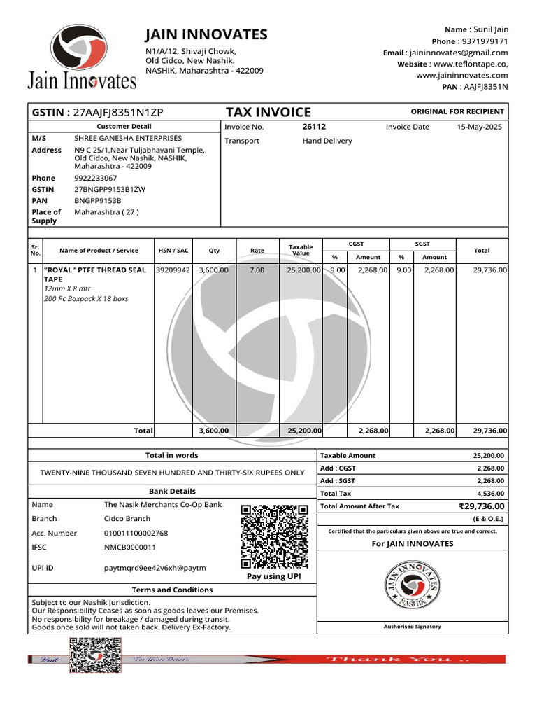 Invoice - 26112 SHREE GANESHA ENTERPRISES Akash Gorakhnath Pathade 10 ...