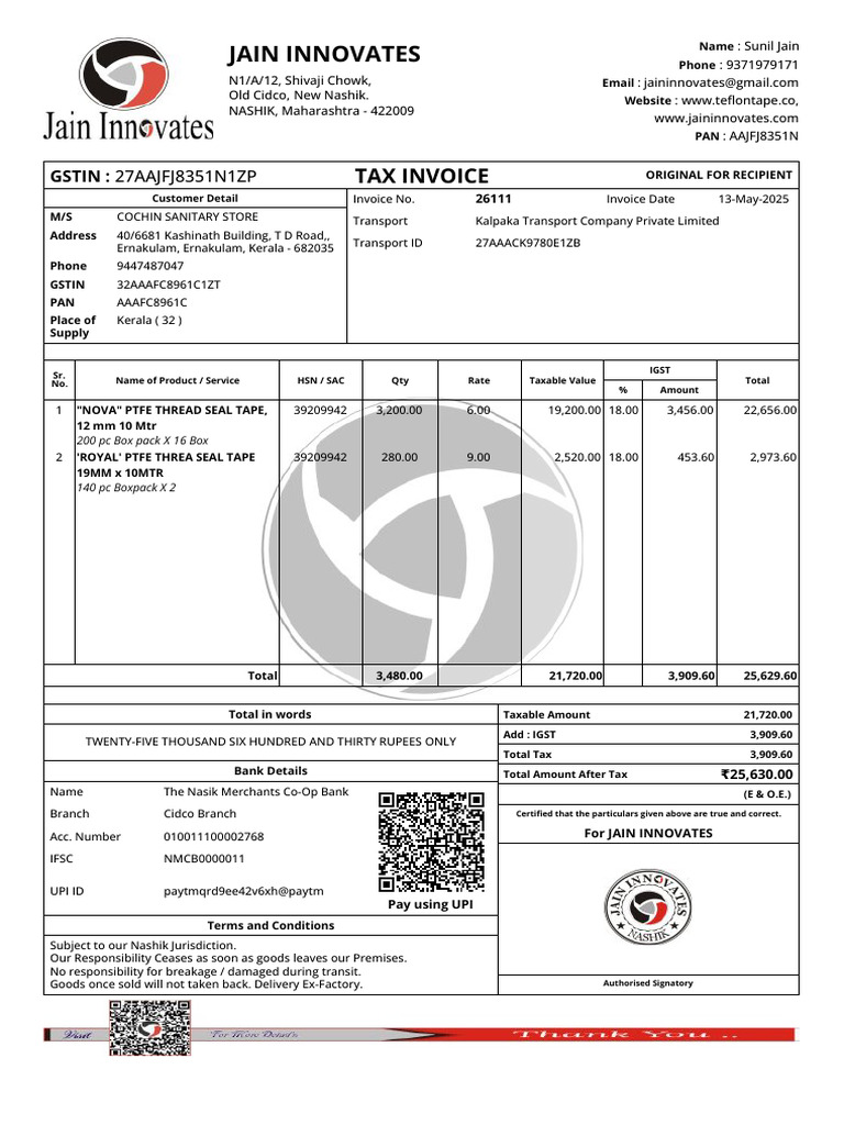 Invoice - 26111 COCHIN SANITARY STORE Sudhakar Kamath 12 24 57 | PDF