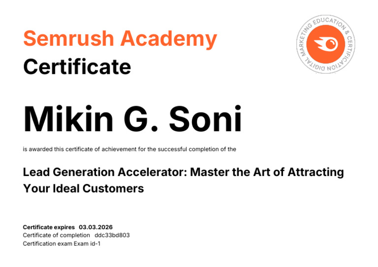 SEMRUSH Lead Generation Accelerator Certificate | PDF
