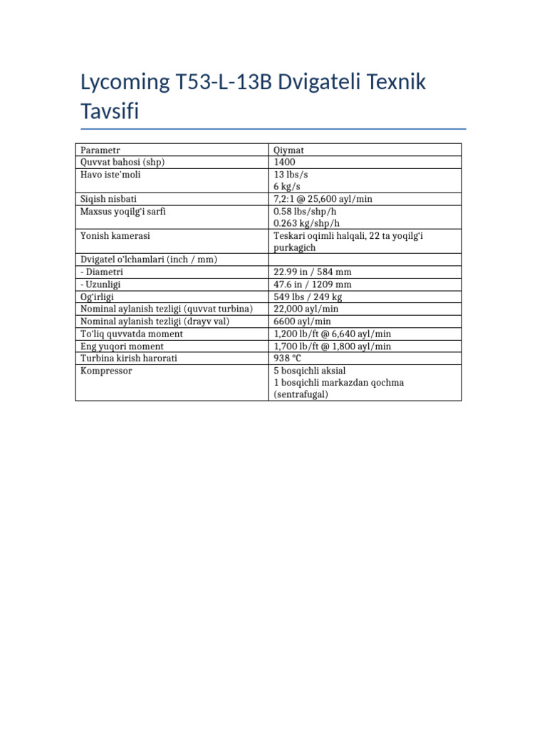 Lycoming T53-L-13B Texnik Tavsifi | PDF