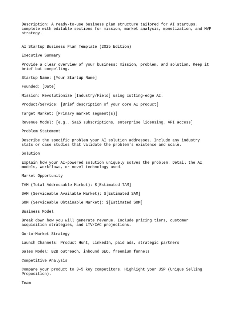 AI Startup Business Plan Template | PDF