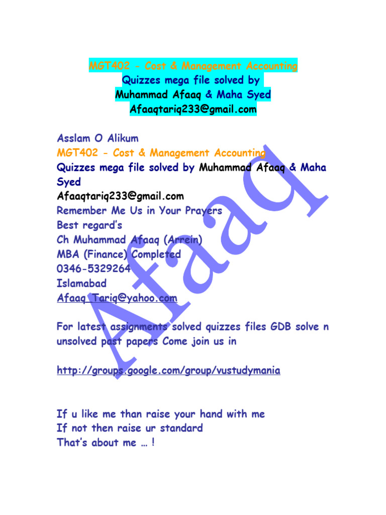 MGT 402 Quizzes Mega File Solved by Muhammad Afaaq - Maha Syed | PDF ...