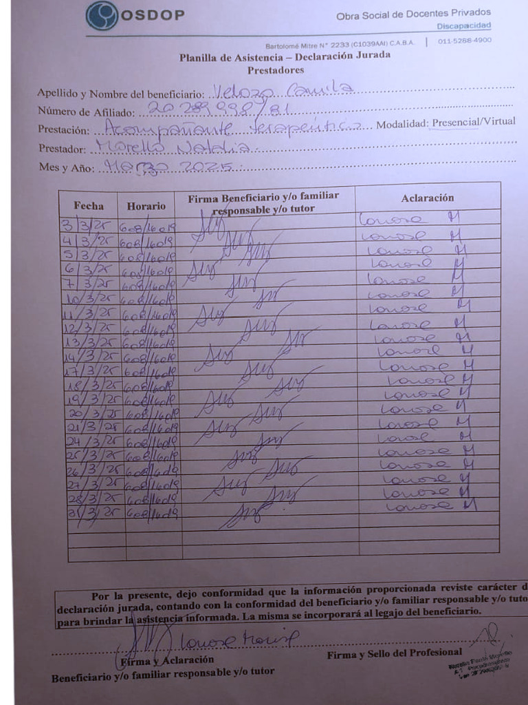 Ejemplo de Planilla Asistencia Obra Social | PDF