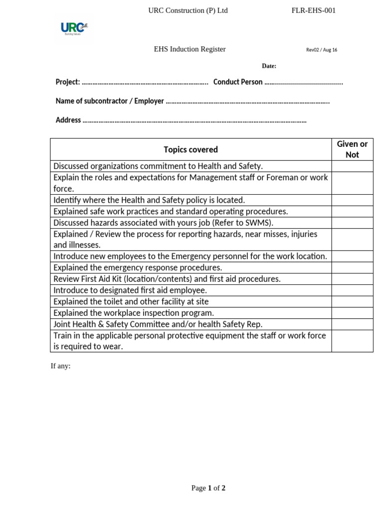 FLR-EHS-01 Induction Register | PDF | Occupational Safety And Health ...