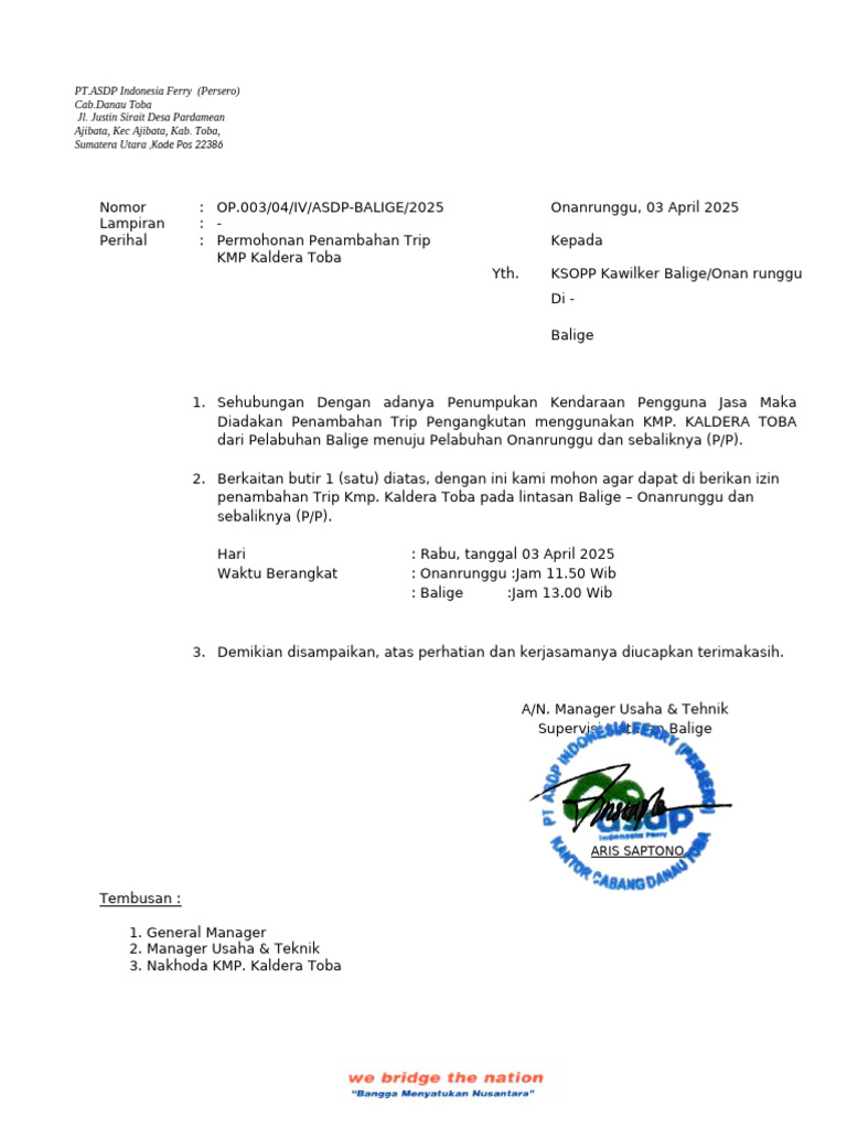 Surat Tambah Trip KMP. Kaldera Toba Balige | PDF