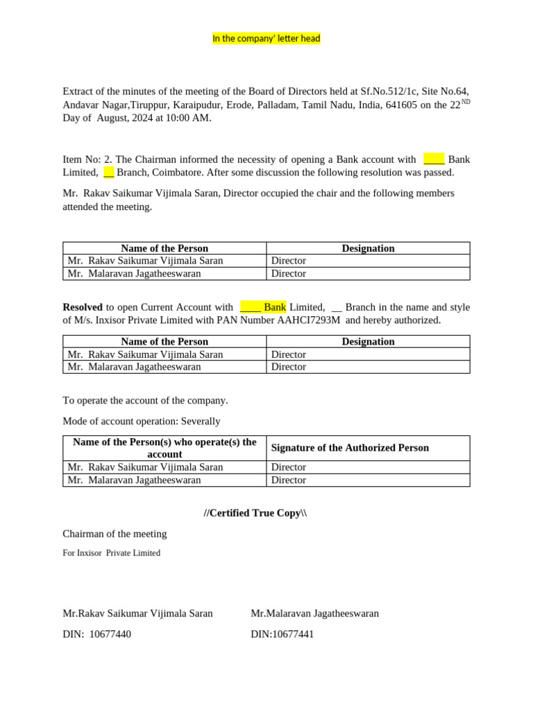 Board Resolution - Bank Account Opening | PDF
