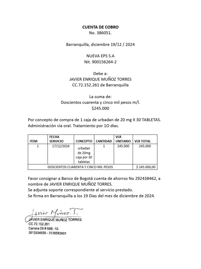 Cuenta de Cobro por Medicamento Urbadan | PDF